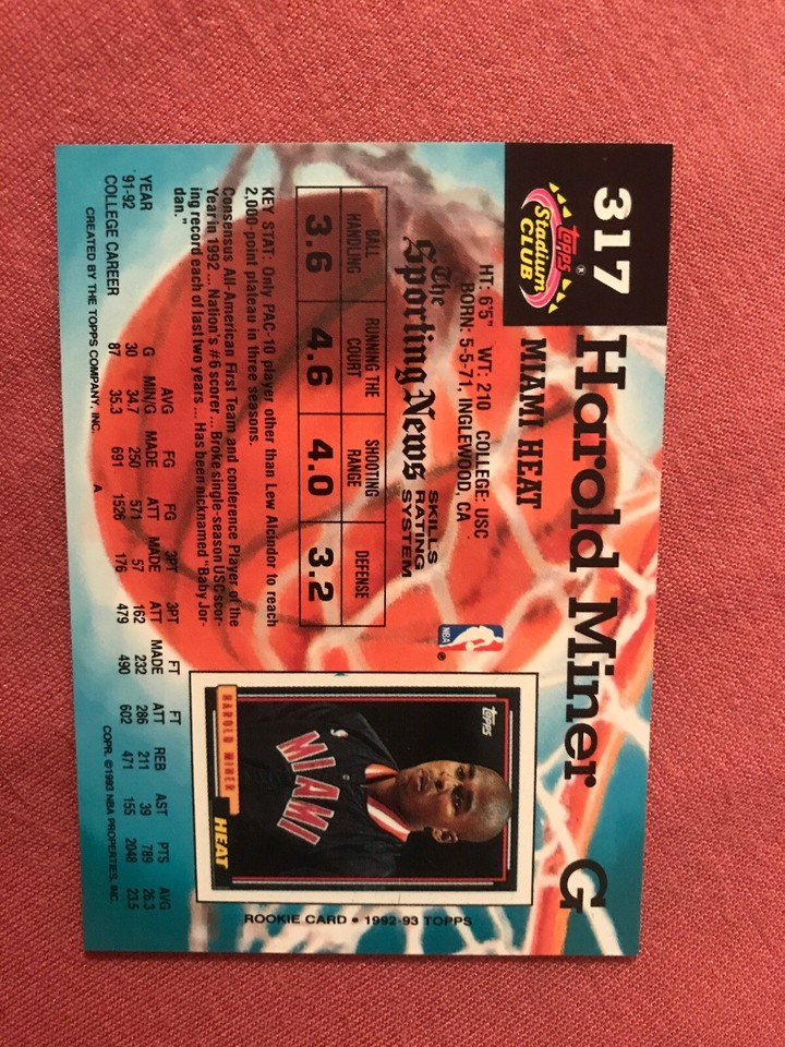 1992-93 Stadium Club Miami Heat Basketball Card #317 Harold Miner ...