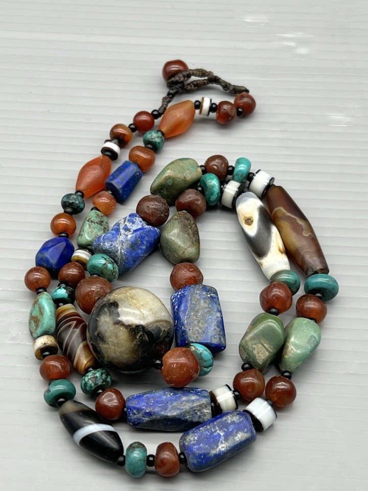 Vintage Used Beads Necklace Asia Nepal Banded Agate Turquoise Lapis ...