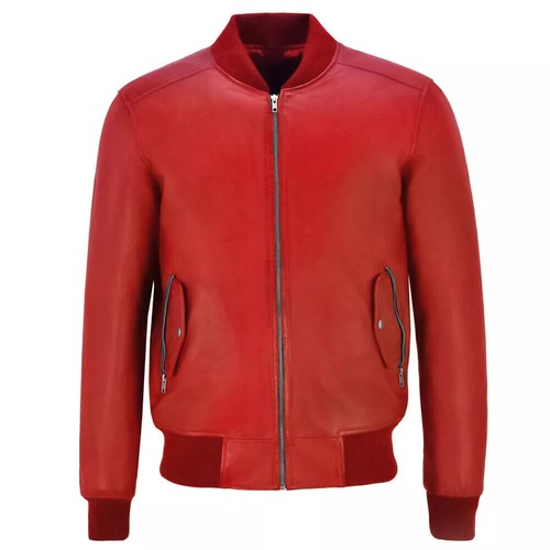 Men's Bomber Jacket Real Lambskin Leather Red Biker Motorcycle Handmade ...