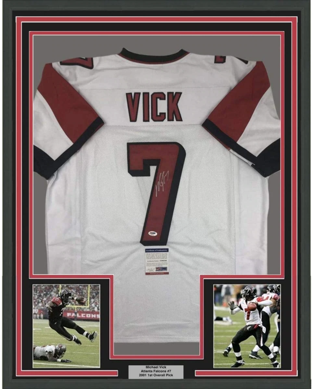 FRAMED Autographed/Signed MICHAEL MIKE VICK 33x42 Atlanta White Jersey ...