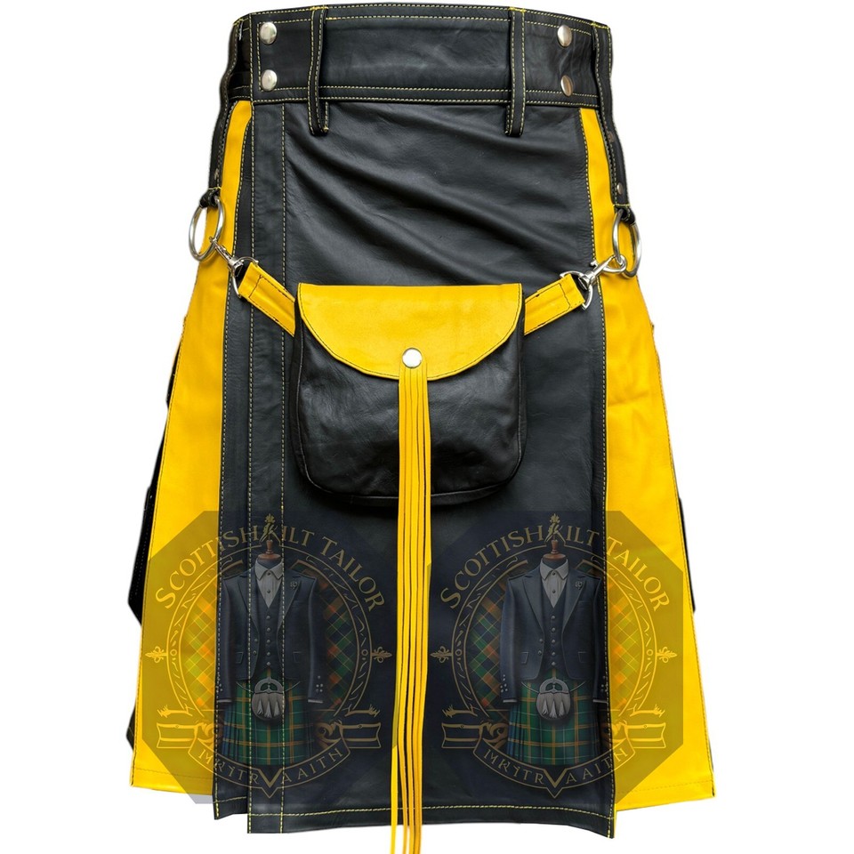 Scottish Blak & Yellow Leather Hybrid Utility Kilt With Front Sporran ...