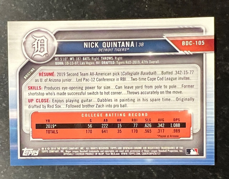2019 Bowman Chrome Draft Blue Refractor Nick Quintana #105 96/150 | eBay