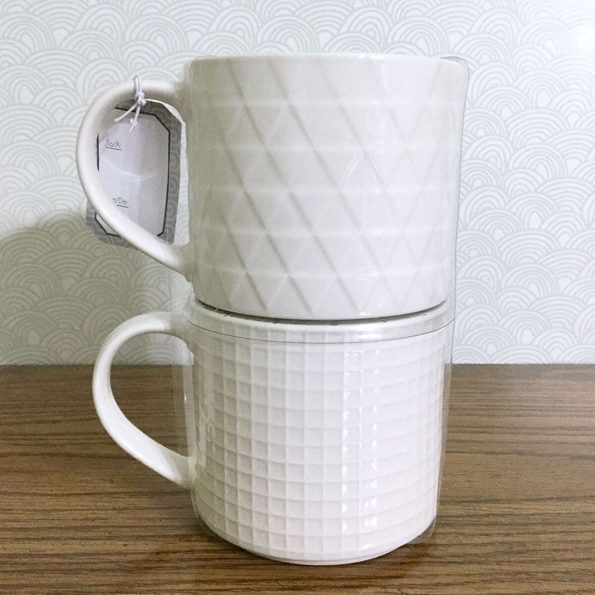 Embossed Coffee Mug Set 2 Stackable Stoneware 14 oz Geometric Classic ...