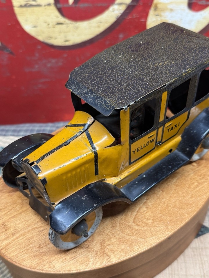 Vintage Yellow Taxi Bing German Limo Tin Clockwork Marx Toy Car W ...