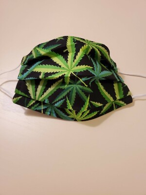 Adult Face Mask, Marijuana Leaves Print Fabric, Broadleaf on Black ...