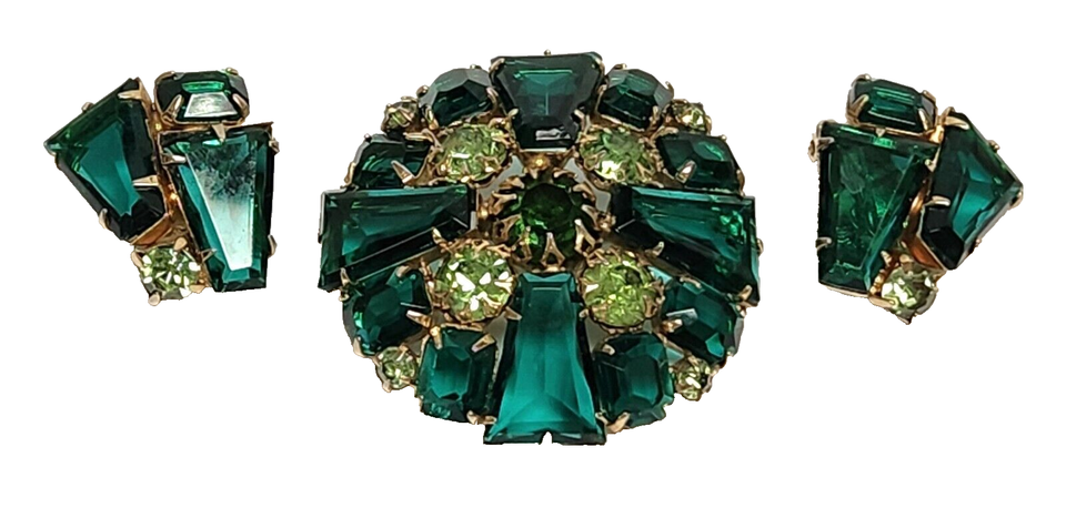 Gorgeous Vintage Green Keystone Shape Rhinestone Clip Earrings Brooch ...