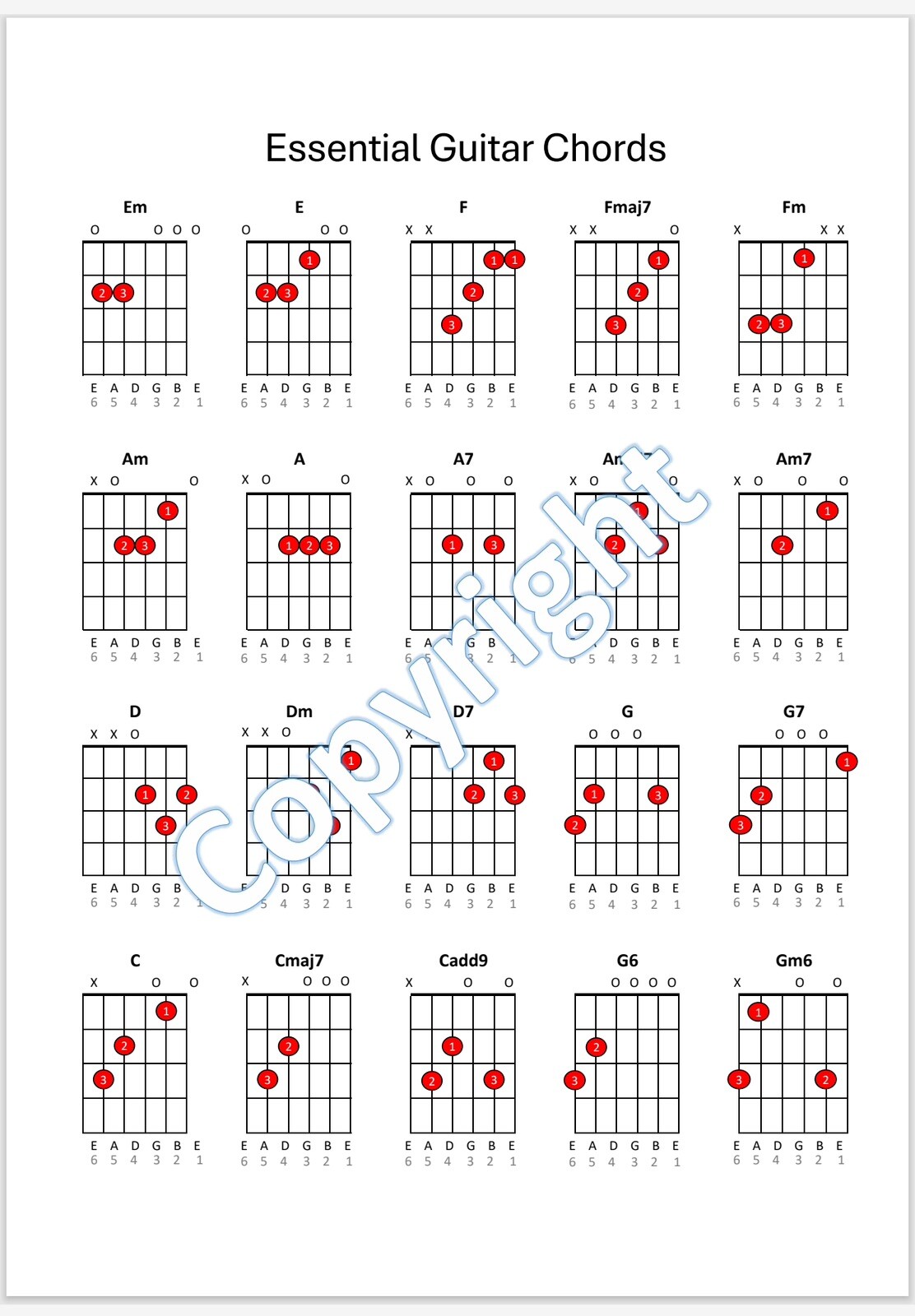 A4 Laminated Essential Beginners Guitar Chord Chart 20 Chords | eBay UK