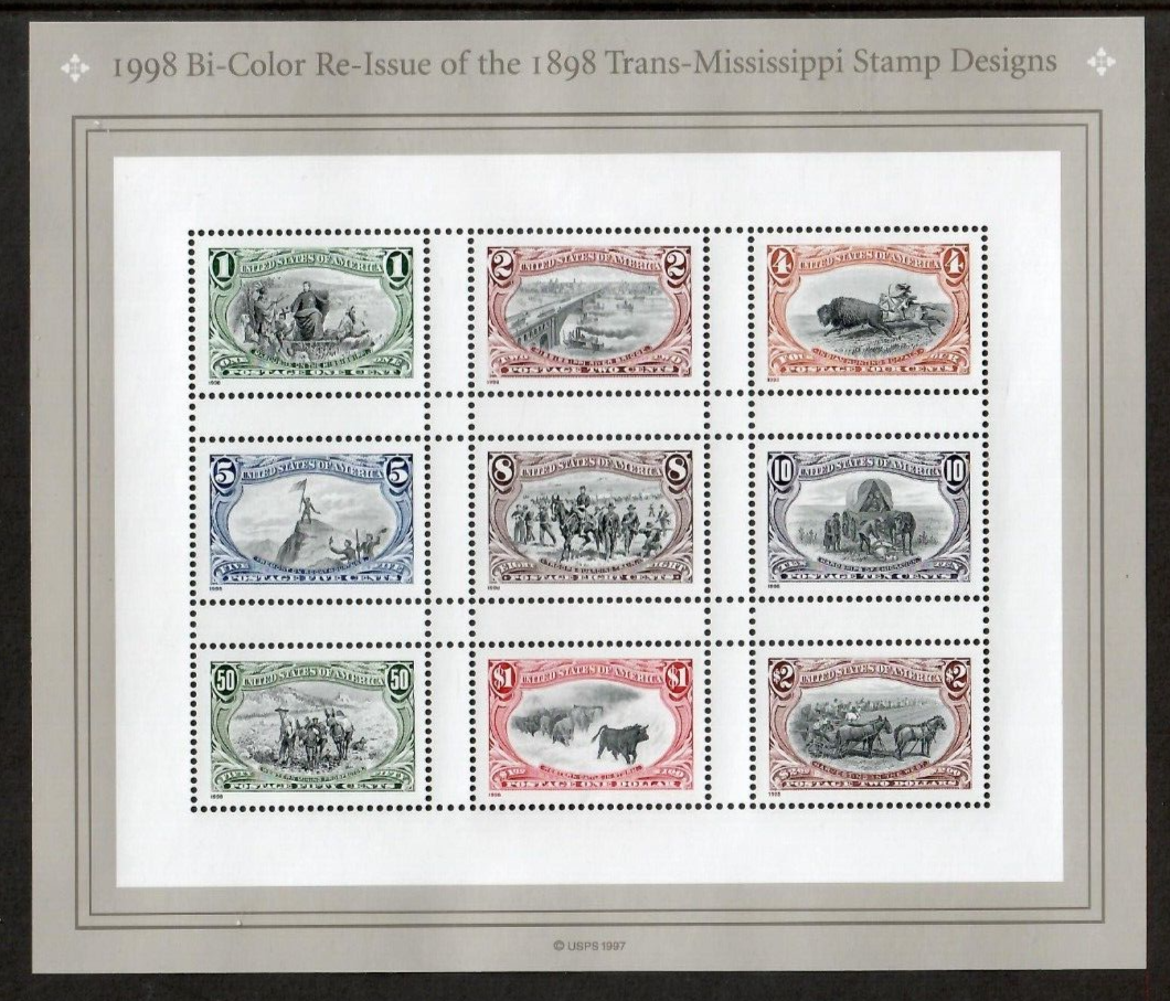 United States 1998 - Bi-Color Trans Mississippi Sheet of 9 Stamps Scott ...