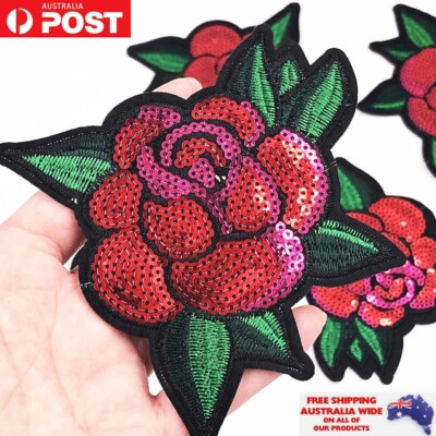 1x Rose Sequins Logo Iron On Patch Fabric Embroidered Garment Badges ...