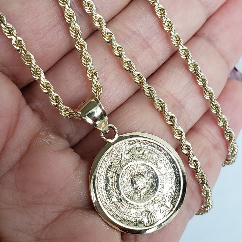 Solid 14k Yellow Gold mayan mexican Aztec Calendar pendant charm rope ...