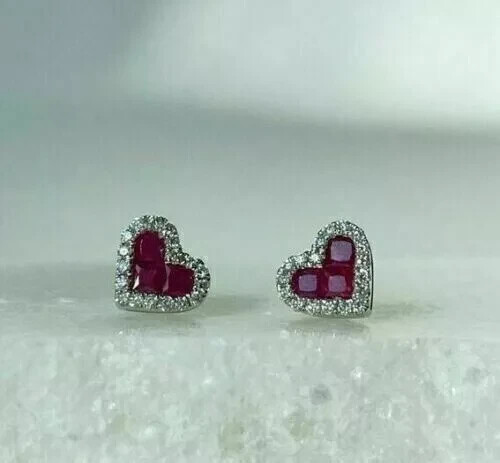 2Ct Princess Cut Lab-Created Pink Ruby Heart Stud Earrings 14K White ...