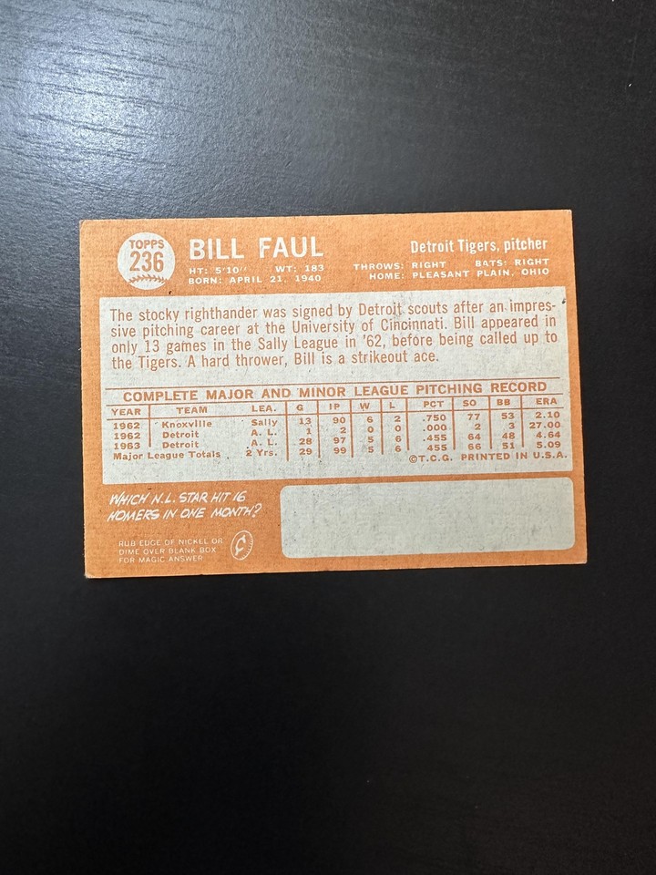 1964 Topps Bill Faul #236 Detroit Tigers | eBay