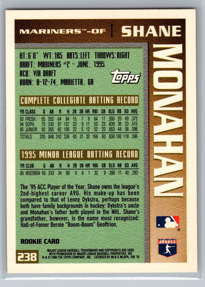 Shane Monahan 1996 Topps Draft Pick BASEBALL #238 Seattle Mariners RC ...