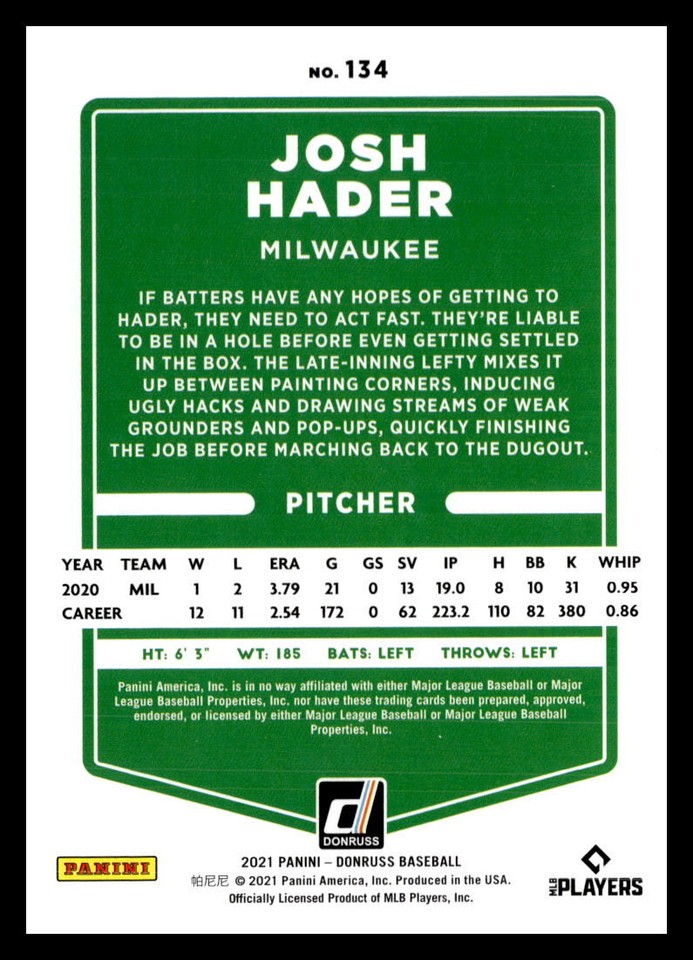 2021 Donruss #134 Josh Hader Milwaukee Brewers Baseball Card | eBay