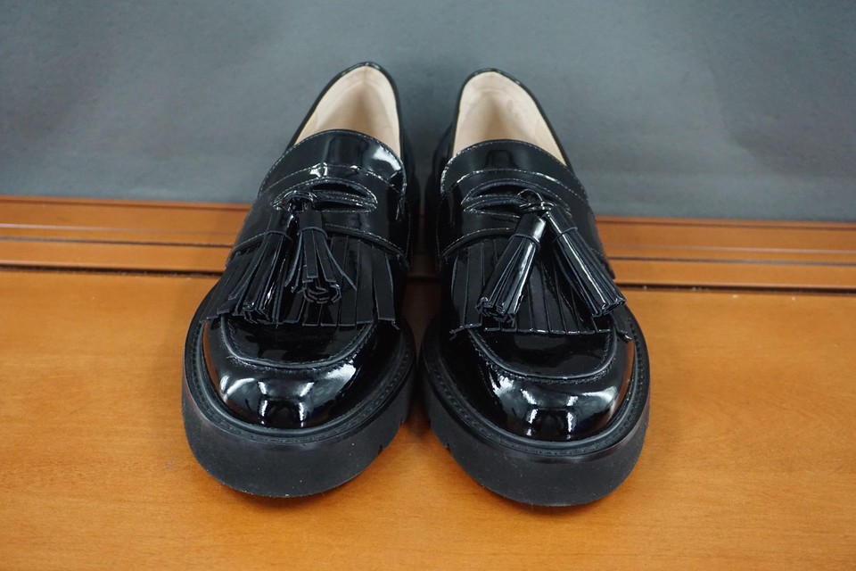 Stuart Weitzman Mila Lift Shoes Womens 8 Black Patent Tassel Loafers ...