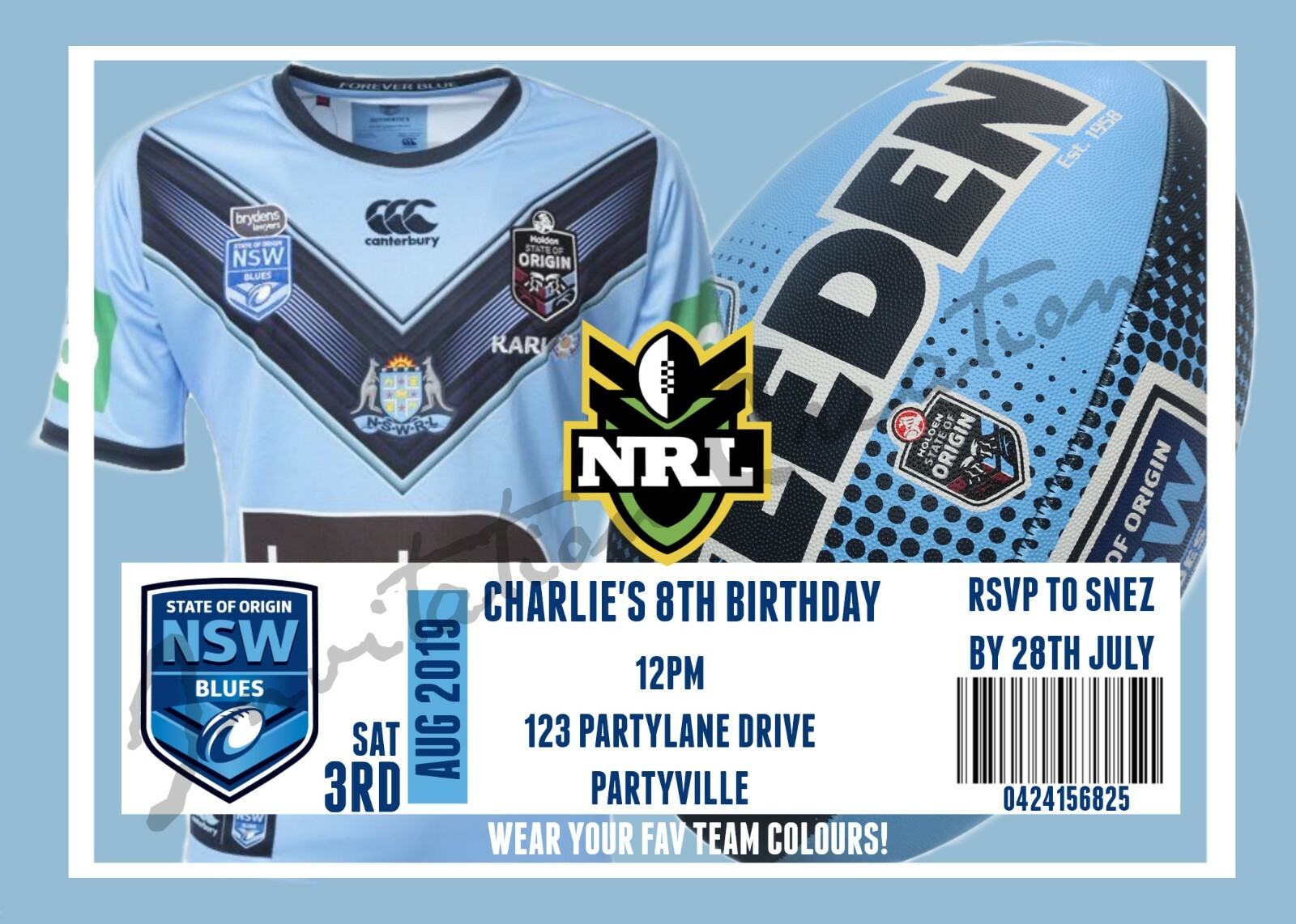 DIY Print Custom NRL NSW BLUES STATE OF ORIGIN Birthday Party ...