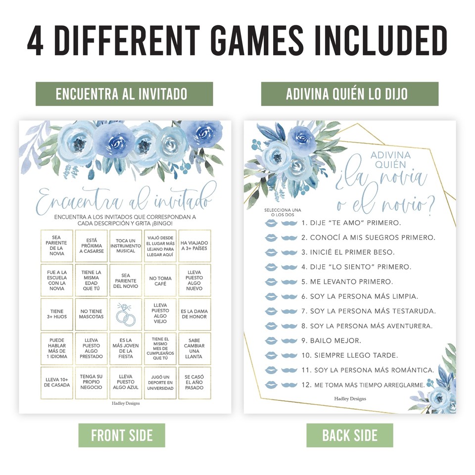 Dusty Blue Spanish Bridal Shower Games 20 Guests - Juegos Para ...