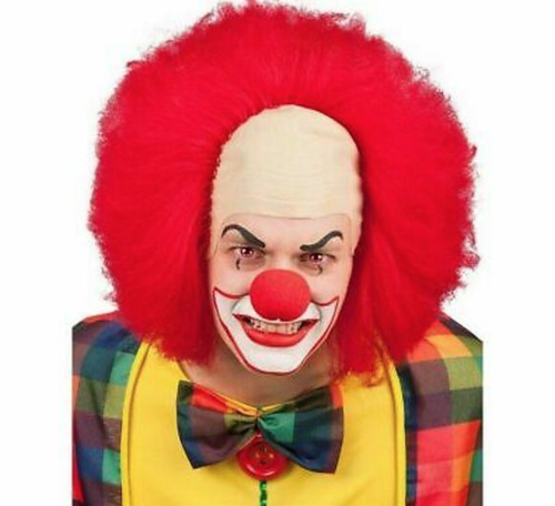 DELUXE RED Clown Cap & Wig Bald Halloween Costume Horror Monster Wavy ...