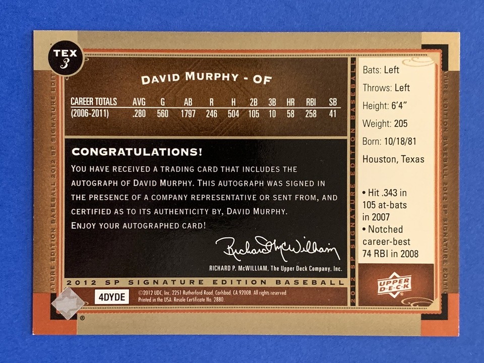 DAVID MURPHY Signed 2012 SP Signature Edition #TEX3 BAYLOR BEARS ...