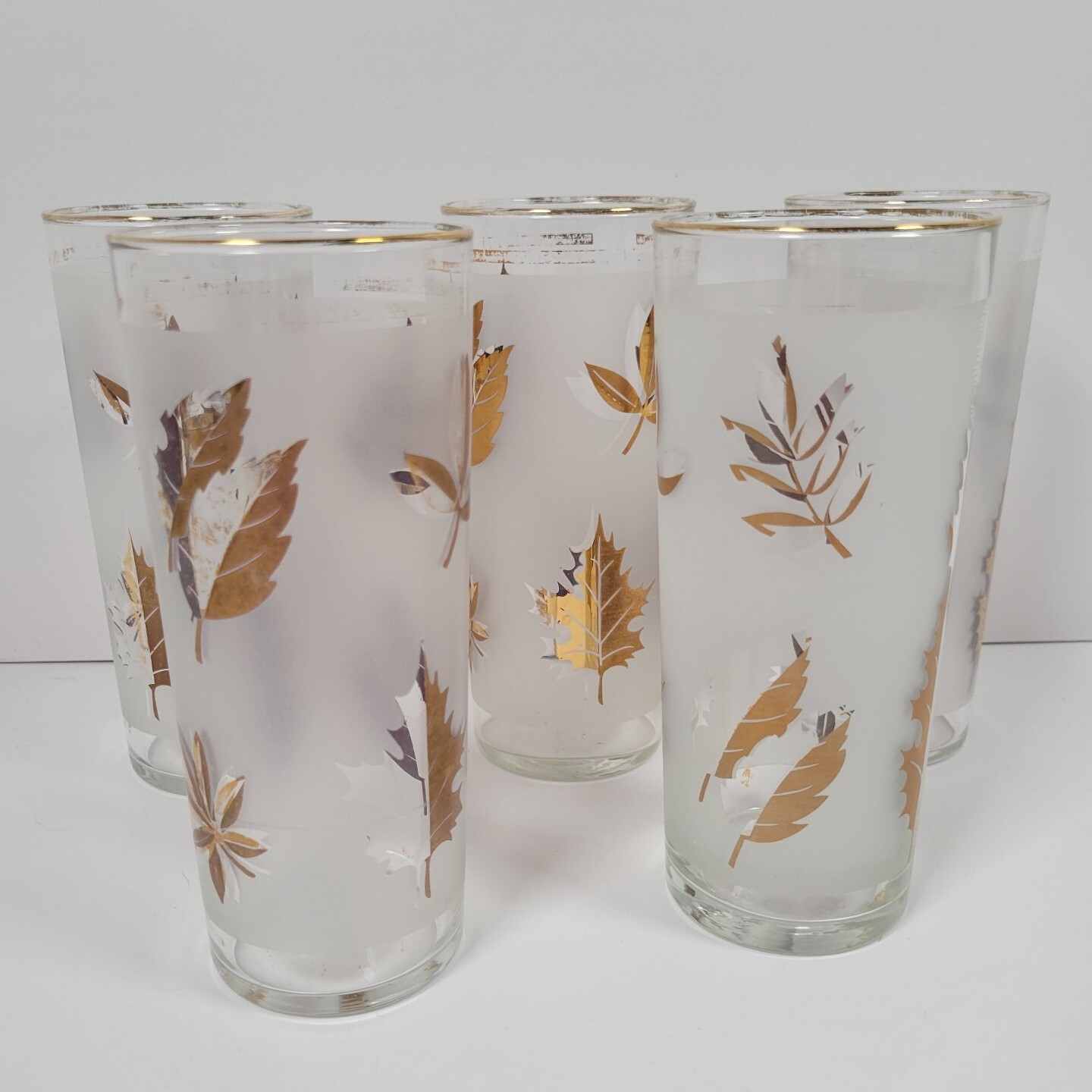 Libbey Gold Leaf Frosted Drinking Glasses Set of 5 Mid-century Modern ...