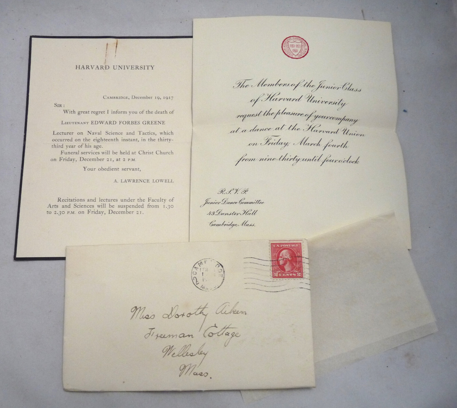 1922 Harvard dance Invitation cover & 1917 death notice Green Navy ...