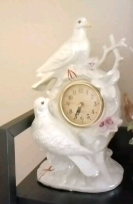 Ceramic Two Doves On Tree Table Clock Quartz Irredesent Floral 11.25 ...