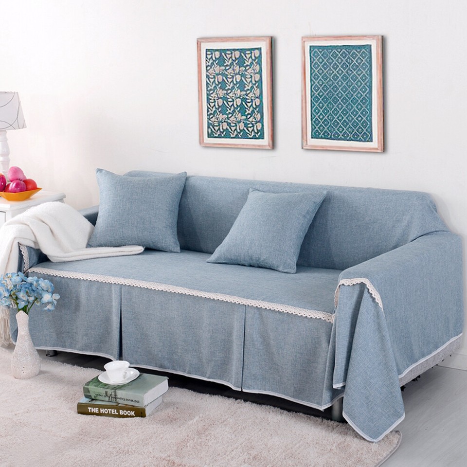 1/2/3/4 Seater Sofa Cover Knitted Cotton Linen 1-Piece Slipcover Couch ...