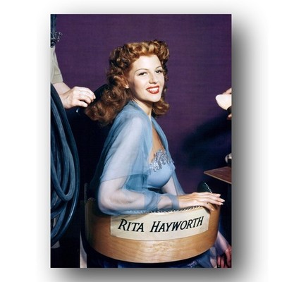 Rita Hayworth Vintage 5x7 Photo Sitting in Sheer Blue Gown with Name on ...