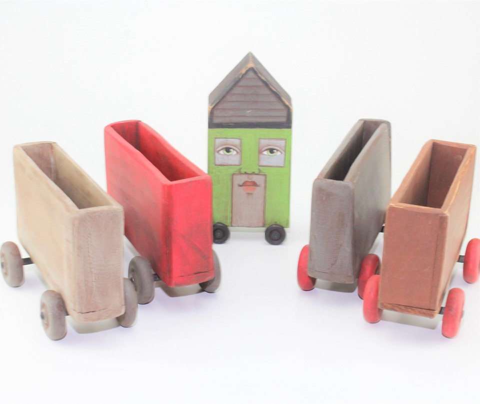 Modern House Wood Art Face Train Wooden Box Cart Decorative Accent ...