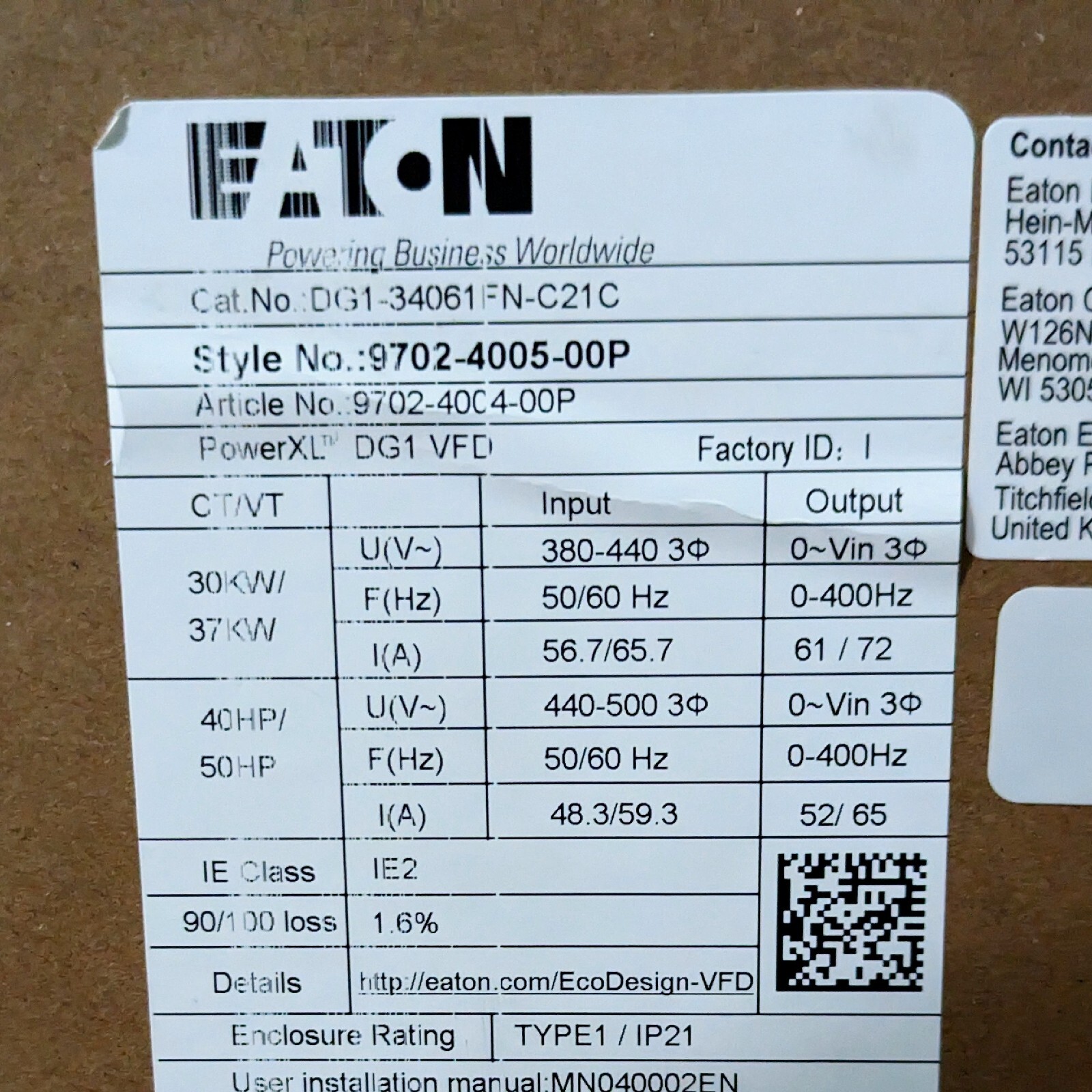 EATON DG1-34061FN-C21C Variable Frequency Drive, 40 HP, 61A , 380 ...