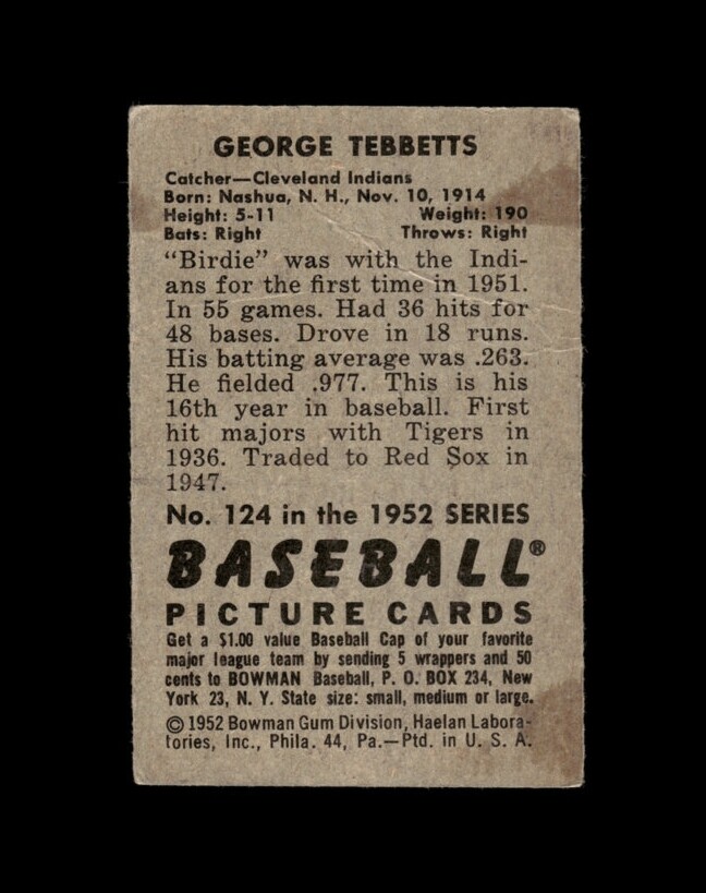1952 Bowman Set-Break #124 Birdie Tebbetts VG-VGEX (crease) *GMCARDS ...