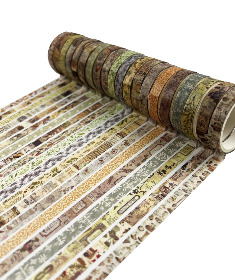 Vintage Brown Skinny Washi Tape Set 20 Rolls -Antique Patterns Masking Thin Basi | eBay