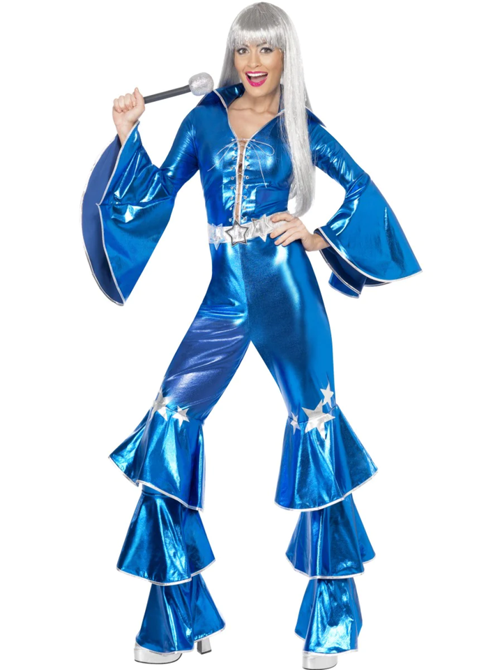 Ladies 70s Dancing Queen Costume Adults Jumpsuit Disco Diva Fancy Dress ...