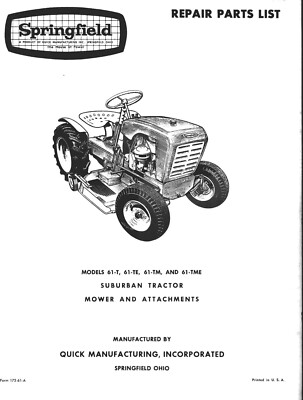 Tractor Service Parts Manual Fits 1961 Springfield Lawn Tractor 1726 | eBay