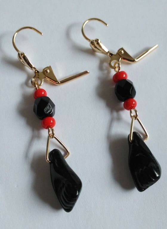 Hand Black Azabache Dangle Earring 18k Gold Plated - Azabache Earring ...