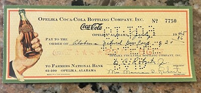 1945 Opelika Coca-Cola Bottling Company Check To: Gas 8.25” X 3.375” | eBay