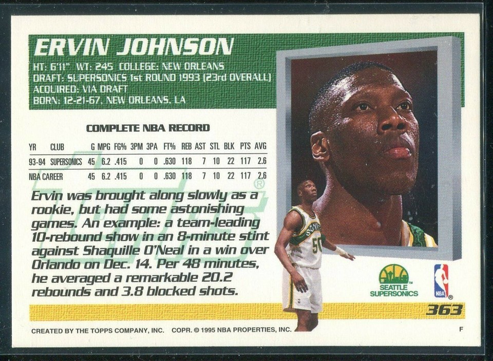1995 Topps Basketball Ervin Johnson #363 Seattle Supersonics | eBay
