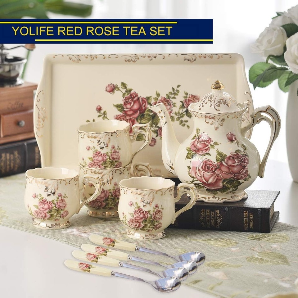 Porcelain Tea Set Vintage Rose, Tea Cups with Teapot, Serving Tray and ...
