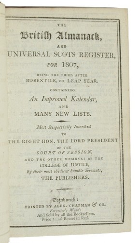 1807 BRITISH ALMANACK Calendar UNIVERSAL SCOTTISH REGISTER Scotland ...
