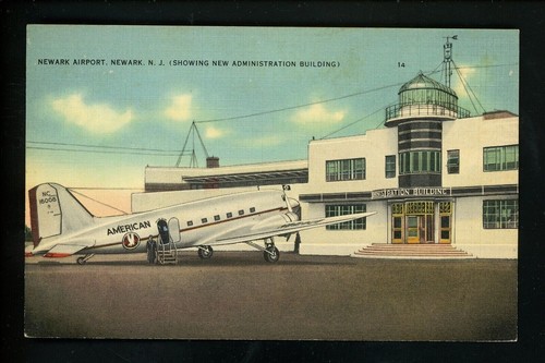 New Jersey NJ postcard Newark Airport airplane American Airline linen ...