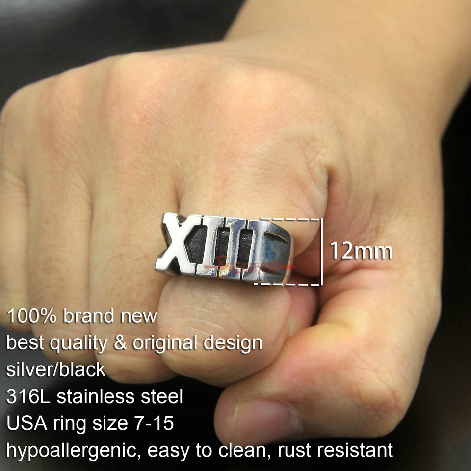 Men's Retro Lucky Roman Number Numeral 13 Biker Ring Stainless Steel ...
