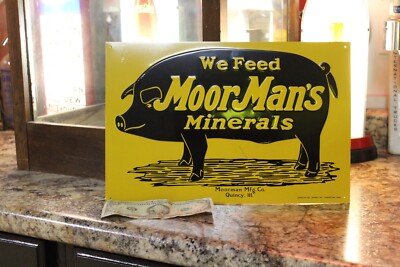 RARE 1 WE FEED MOORMAN'S MINERALS EMBOSSED PAINTED METAL SIGN PIG FARM ...