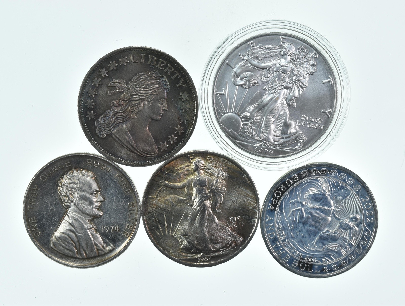 Lot 5 VINTAGE 1 Oz Silver Bars/Rounds Art Bars Collection Poured .999 * ...