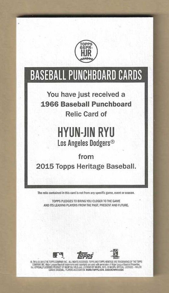 2015 Topps Heritage 1966 Baseball Punchboard Relic HYUN-JIN RYU 01/25 ...