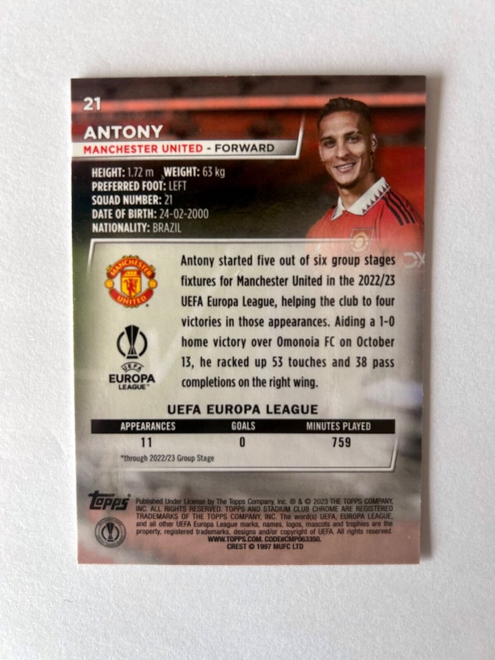 2023 Topps Stadium Club Antony SP Pink/Red Electric Charge Refractor ...
