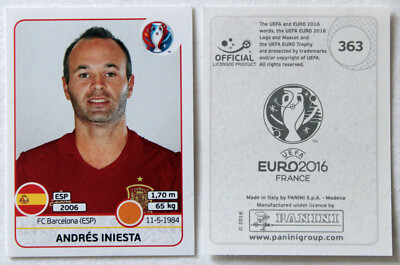 Panini Soccer Sticker Card Andres Iniesta Spain No. 363 EURO 2016 Rare ...