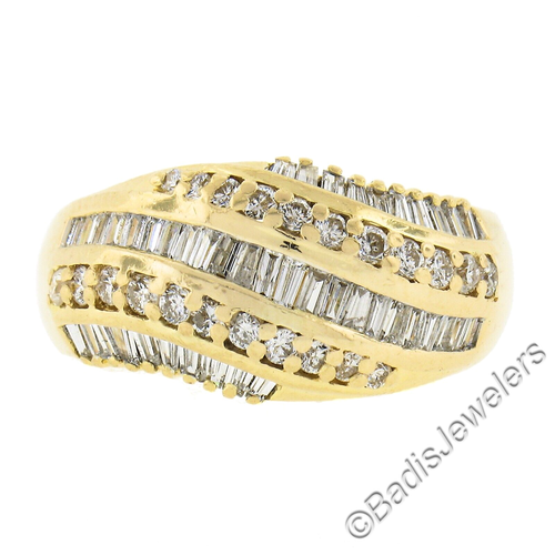 14K Yellow Gold 1.15ct Round & Baguette Channel Diamond 5 Row Wavy ...