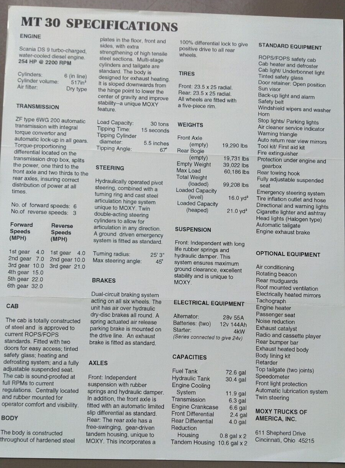 Moxy MT 30 Articulated Dump Truck Specifications Brochure | eBay