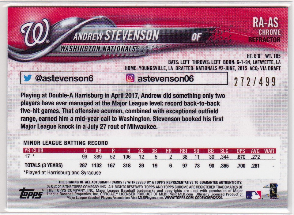 Andrew Stevenson Nationals 2018 Topps Chrome Rookie Autograph 272/499 ...