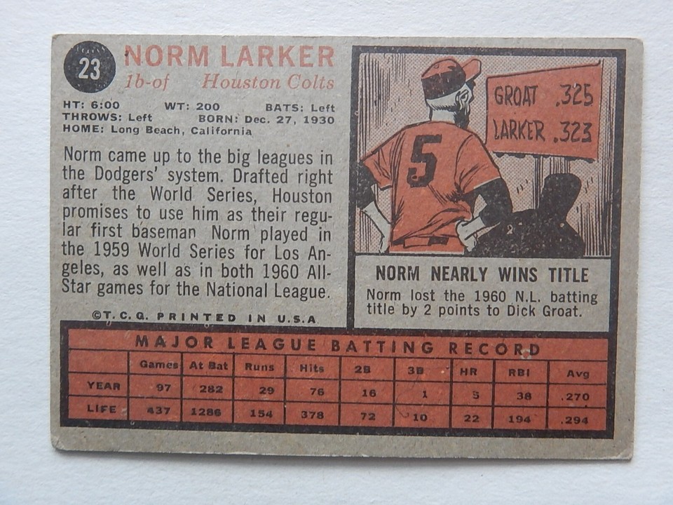 Norm Larker #23 Topps 1962 Baseball Card (Houston Colts) *VG | eBay